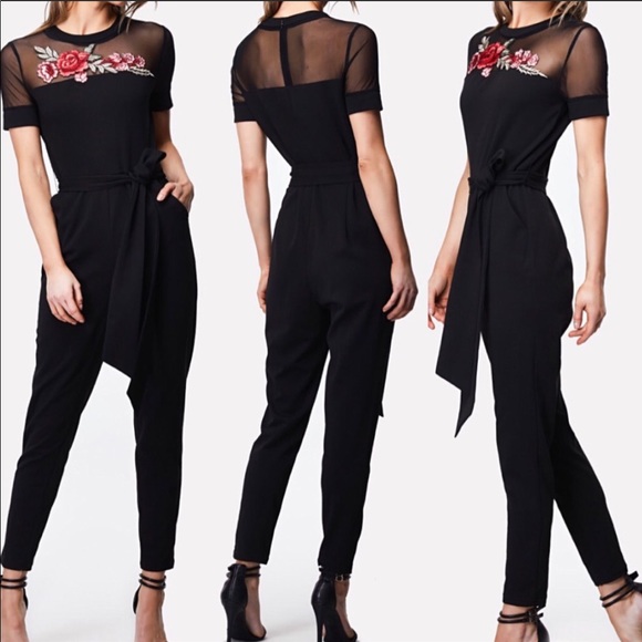 Pants & Jumpsuits | Black Tie Waist Jumpsuit Mesh Insert Floral Embr ...